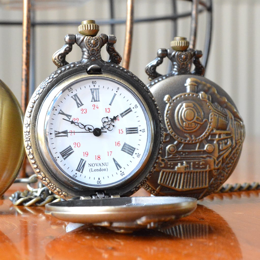 Engraved Bronze Pocket Watch Steam Train Design - GiftsOnline4U
