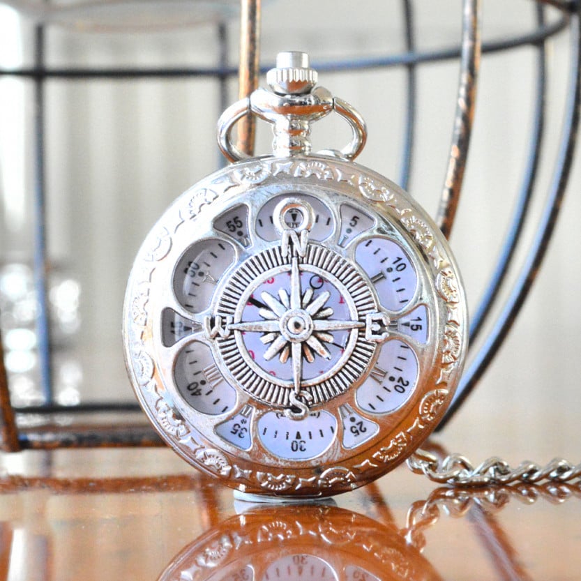 Personalised Silver Pocket Watch Compass Design - GiftsOnline4U