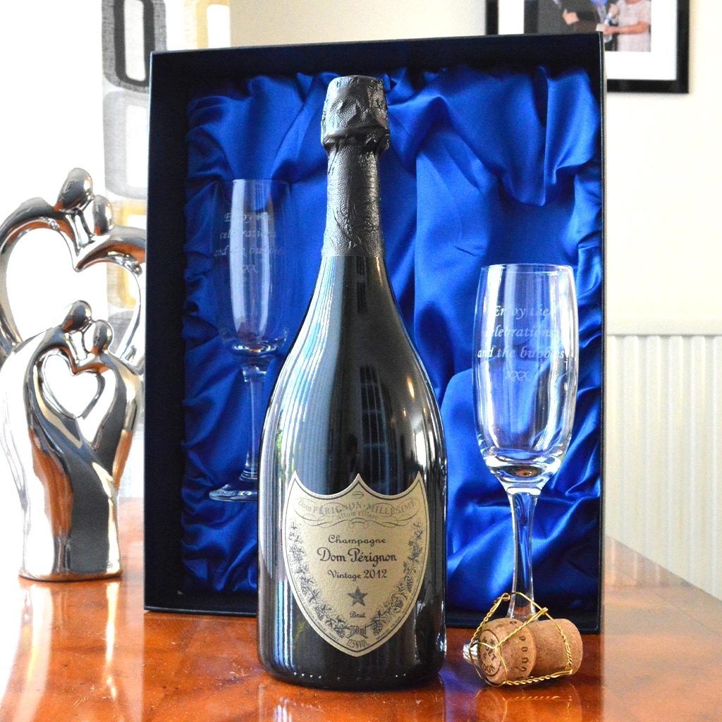 Dom Perignon Champagne with Engraved Flutes in Presentation Box ...