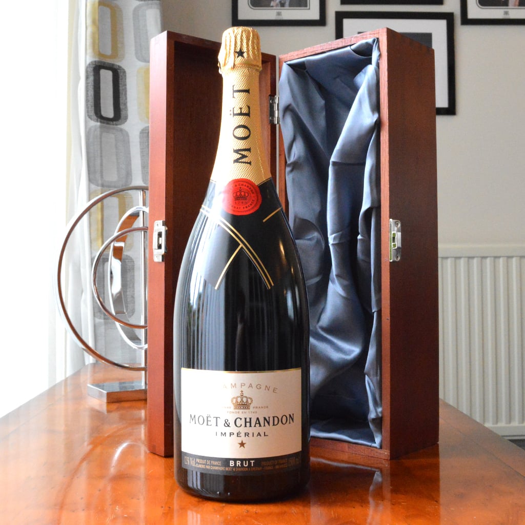 Moet Magnum Champagne in Engraved Elm Wood Box Gift Set - GiftsOnline4U