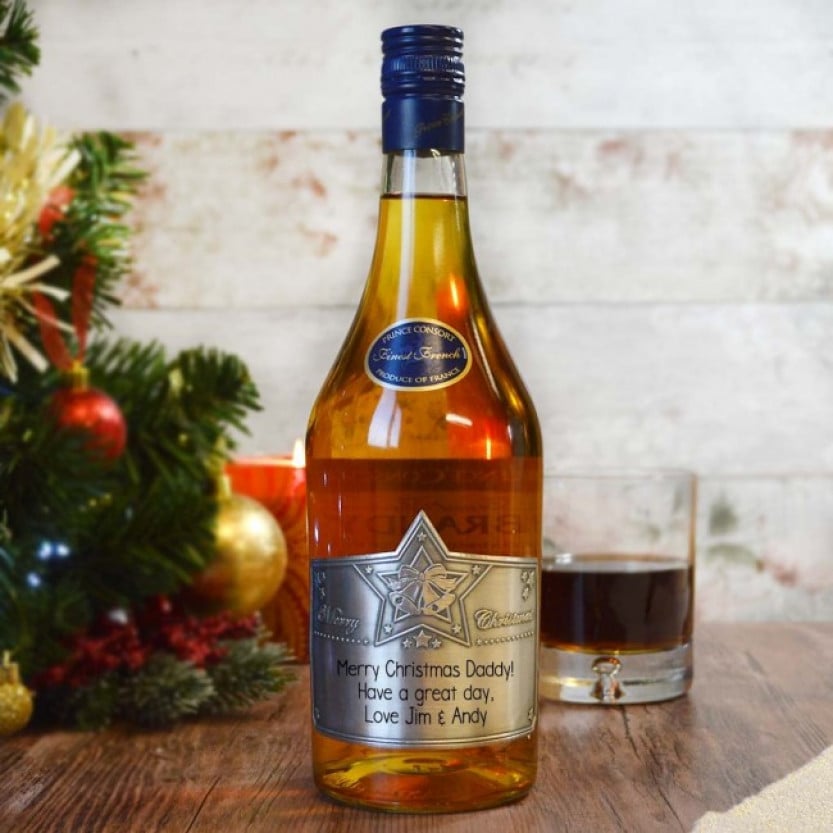 Personalised Christmas Brandy with Stars Pewter Label - GiftsOnline4U