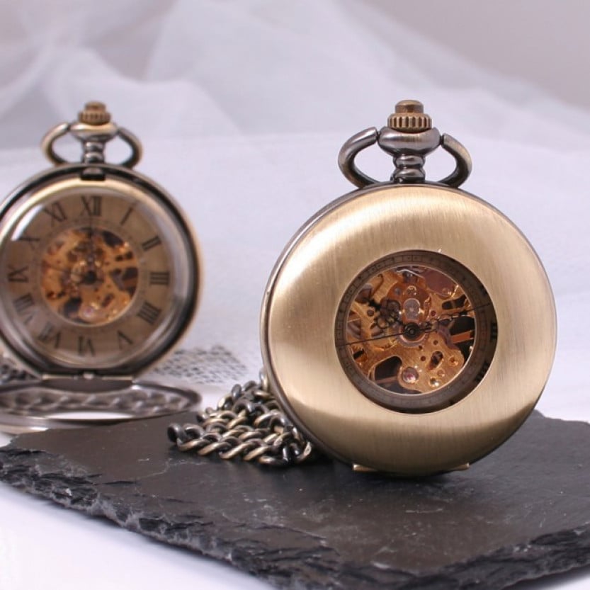 Engraved Bronze Skeleton Pocket Watch With Windowed Lid - GiftsOnline4U