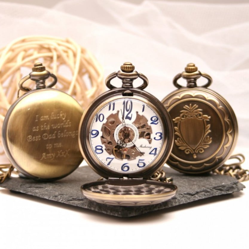 Engraved Bronze Pocket Watch With Shield Design - GiftsOnline4U