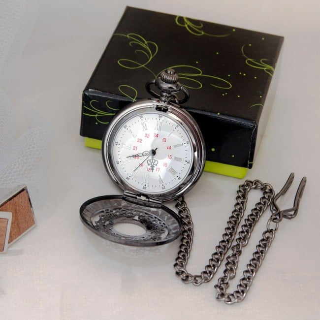 Engraved Pocket Watch Intricate Black Gun Metal Design - GiftsOnline4U