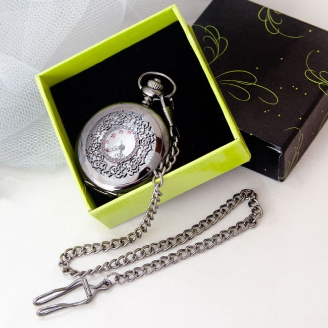 Engraved Pocket Watch Intricate Black Gun Metal Design - GiftsOnline4U