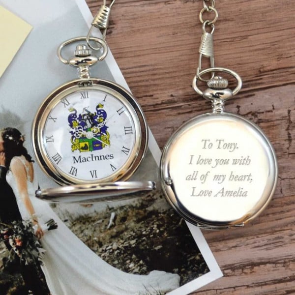 Family Crest Personalised Pocket Watch in Silver - GiftsOnline4U