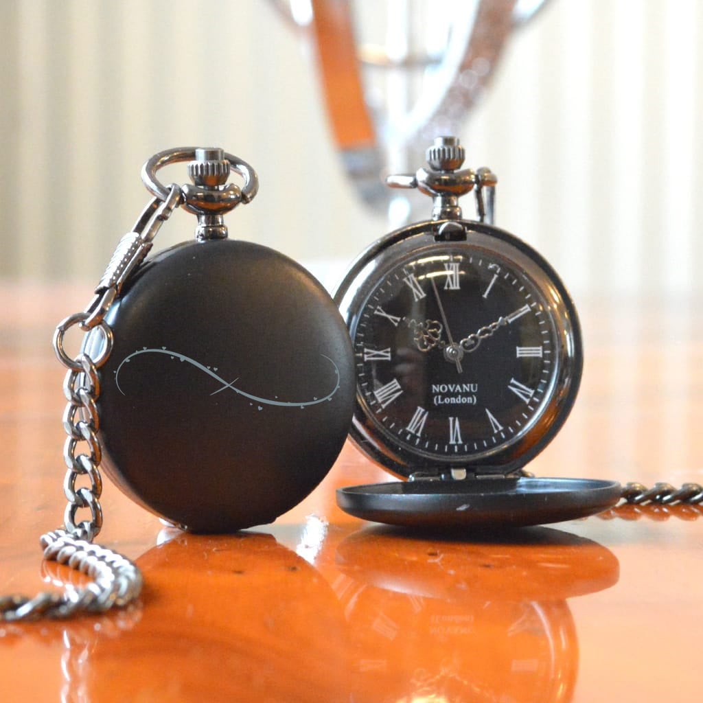 Engraved Black Pocket Watch Infinity Design - GiftsOnline4U