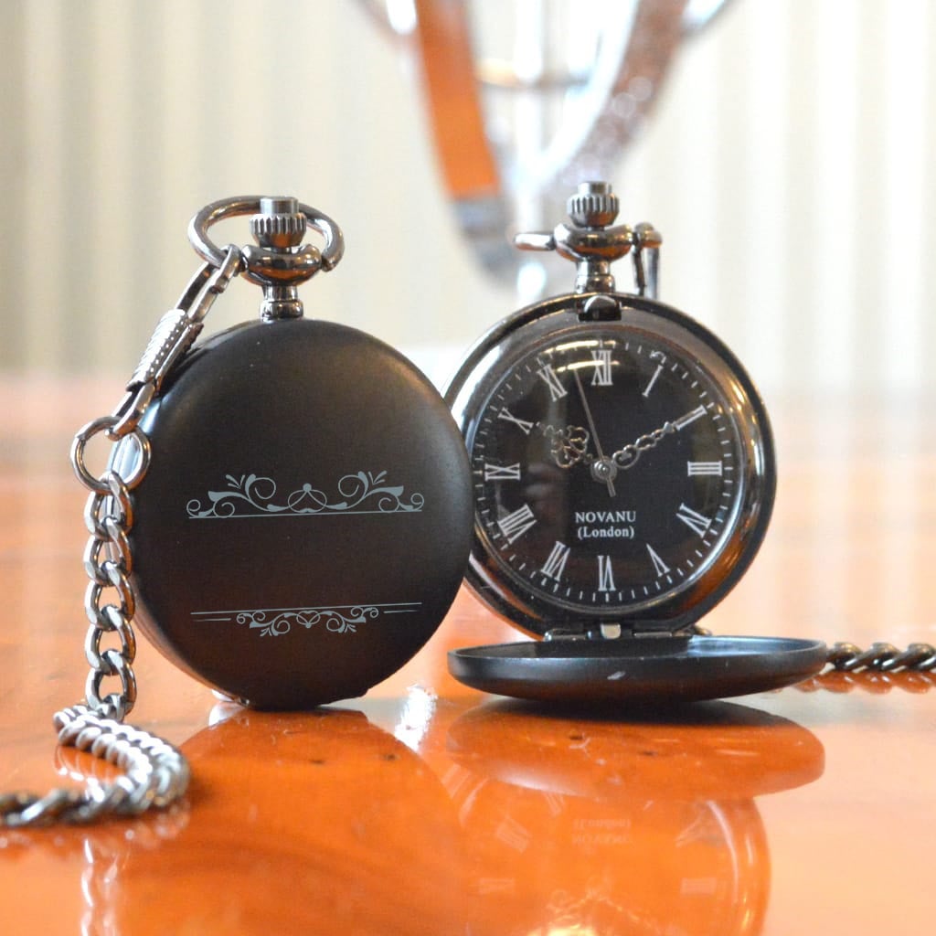 Engraved Monogram Black Pocket Watch Ornate Design - GiftsOnline4U