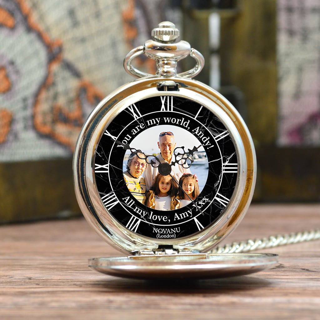 Personalised 50th Birthday Photo Pocket Watch Black Marble