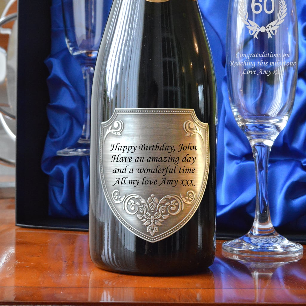 Personalised Pewter Shield Champagne Gift Set With Wreath