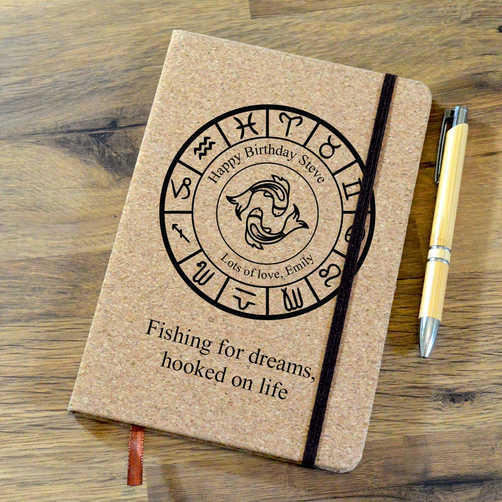Personalised A5 Notebook With Pisces Fish Design Cork