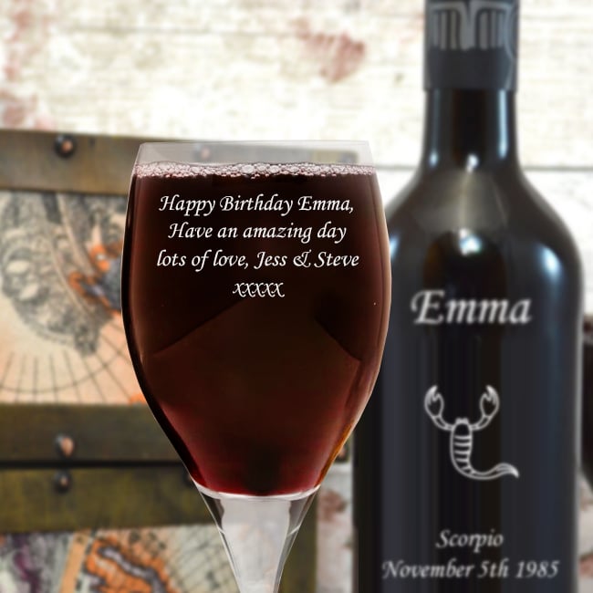Personalised Scorpio Design Wine With Free Engraved Glass!