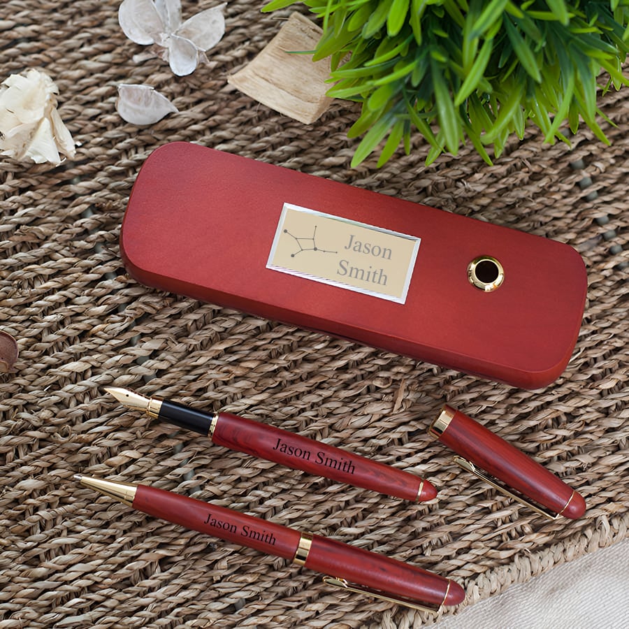 Engraved Wooden Pens Set With Virgo design presentation box