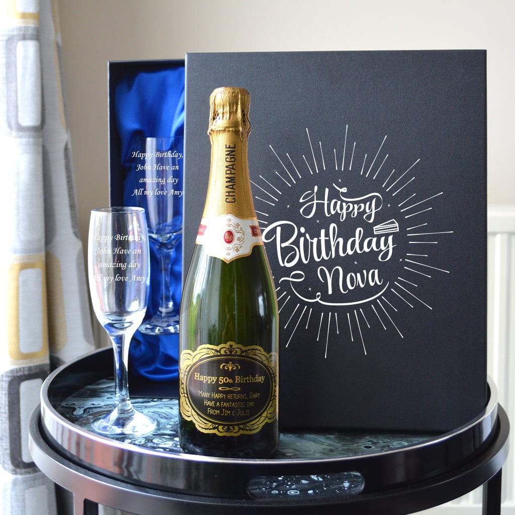 Personalised Champagne Gift Set With a Birthday Cake Design Box
