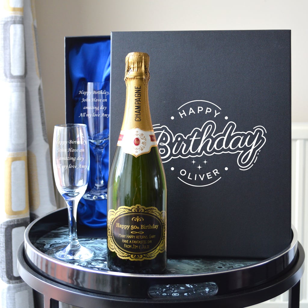 Personalised Champagne Gift Set With a Retro Birthday Design Box