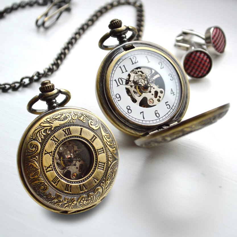 Engraved Twin Opening Pocket Watch Bronze Swirl Design