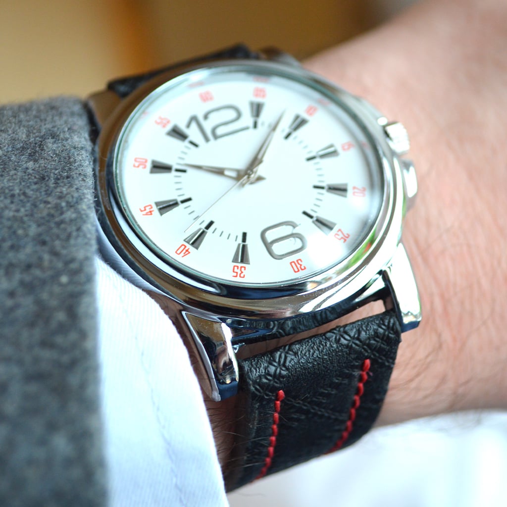 Personalised Modern Engraved Wrist Watch With Red Detailing