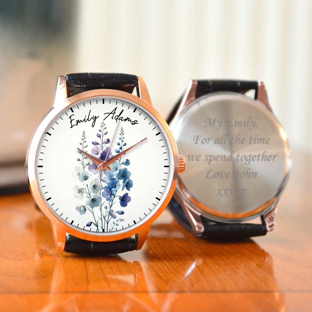 Personalised Wrist Watch With Floral Larkspur Birth Flower Design