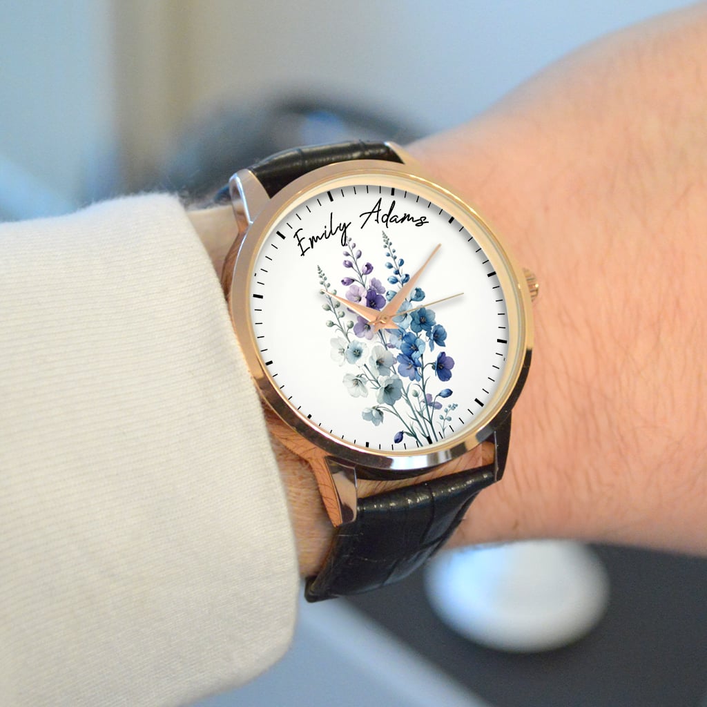 Personalised Wrist Watch With Floral Larkspur Birth Flower Design