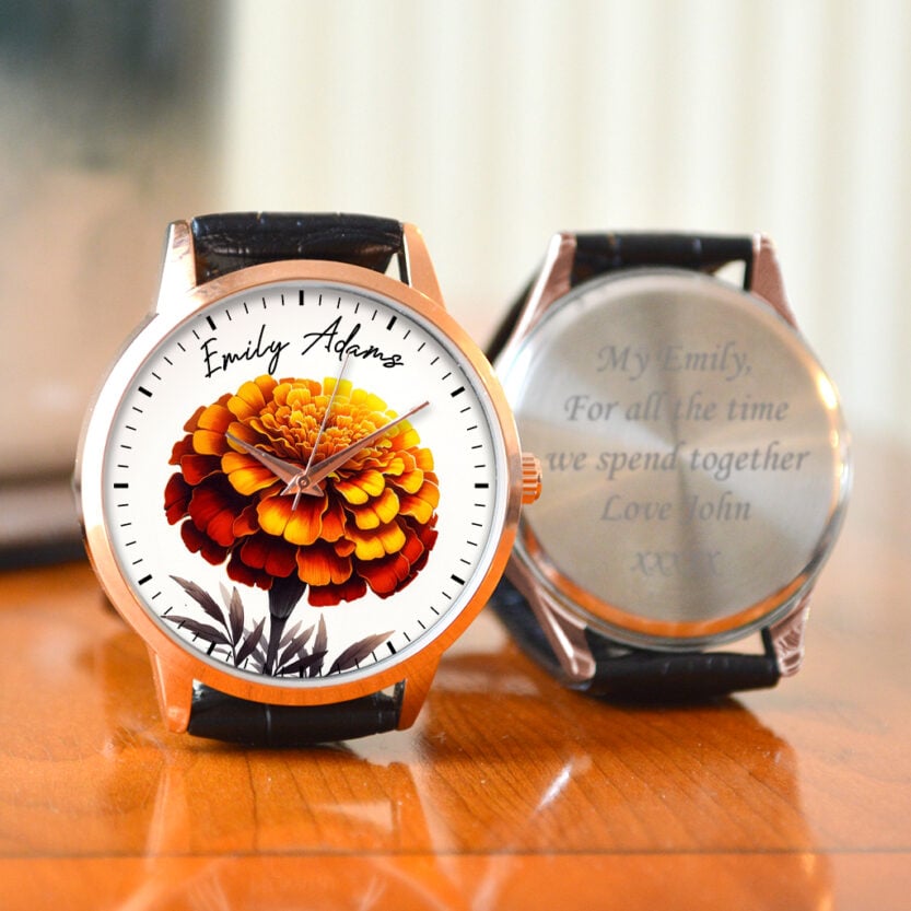 Personalised Wrist Watch With Floral Marigold Birth Flower Design