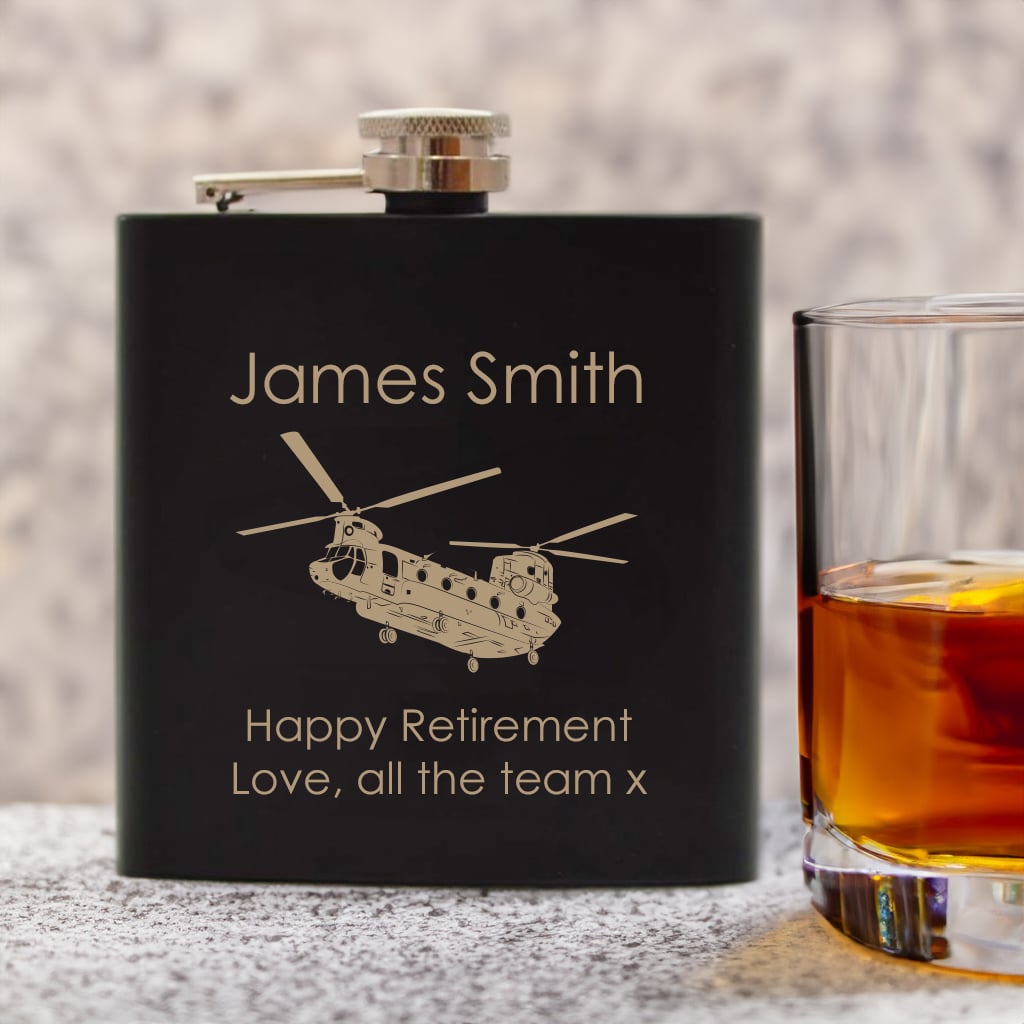 Engraved Chinook Design Black Hip Flask